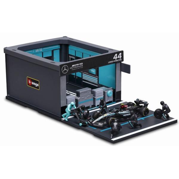 在庫状況：お取り寄せ/2026年02月 発売/※画像はイメージです。実際の商品とは異なる場合がございます。ブラゴ 1/43 メルセデス-AMG ペトロナス F1チーム PIT PASS セット W15 No44(クルー×6pcsパドックガレ...