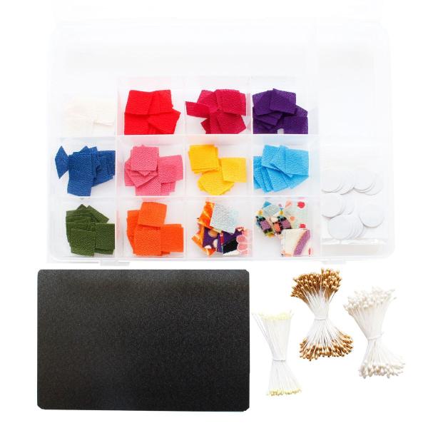 在庫状況：お取り寄せ/お届け：1〜2週間/◆つまみ細工用にカットされた一越ちりめんが12色各15枚、台紙に使える専用厚紙、花芯に使えるペップが入ったお得なセットです。/[S5520DNBK]