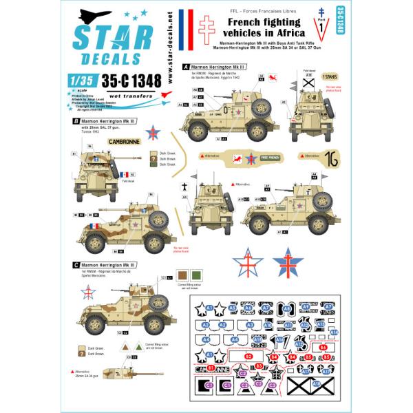 在庫状況：お取り寄せ/2022年11月 発売/※画像はイメージです。実際の商品とは異なる場合がございます。STAR DECALS 1/35 WWII アフリカでの自由フランス軍装甲車 パート1 マーモン・ヘリントンMkIII装甲車 デカールです。