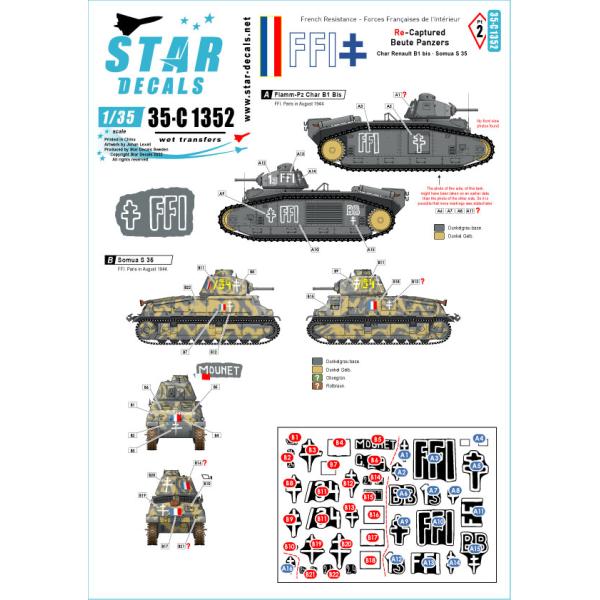 在庫状況：お取り寄せ/2022年11月 発売/※画像はイメージです。実際の商品とは異なる場合がございます。STAR DECALS 1/35 WWII FFI #2 FFI(フランス国内軍)に再鹵獲された仏製戦車 ルノーB1bis ソミュアS...