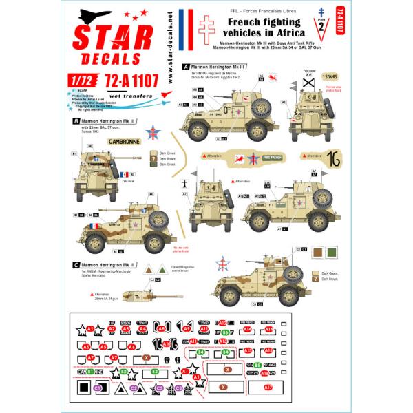 在庫状況：お取り寄せ/2022年11月 発売/※画像はイメージです。実際の商品とは異なる場合がございます。STAR DECALS 1/72 WWII アフリカでの自由フランス軍装甲車 パート2 マーモン・ヘリントンMkIII デカールです。