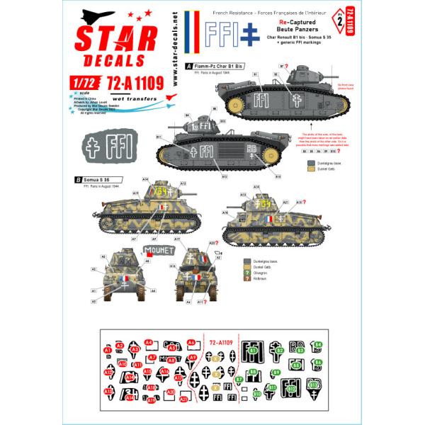 在庫状況：お取り寄せ/2022年11月 発売/※画像はイメージです。実際の商品とは異なる場合がございます。STAR DECALS 1/72 WWII FFI #2 フランス国内軍(FFI)に再鹵獲された仏製戦車 ルノーB1bis ソミュアS...