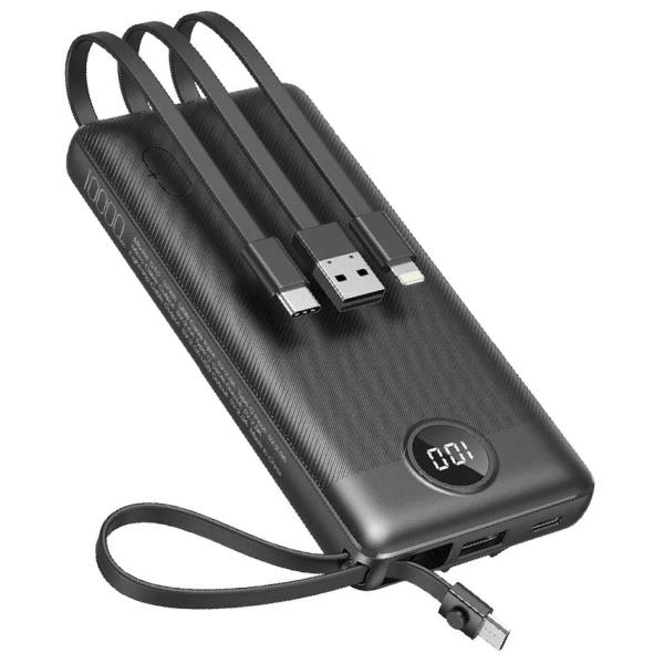 在庫状況：お取り寄せ/2024年06月 発売/◆10000mAhポータブルパワーバンク◆4本のケーブル(USB-A、Micro B、Type-C、ライトニング) が内蔵◆5デバイス同時高速充電/[UQC10]