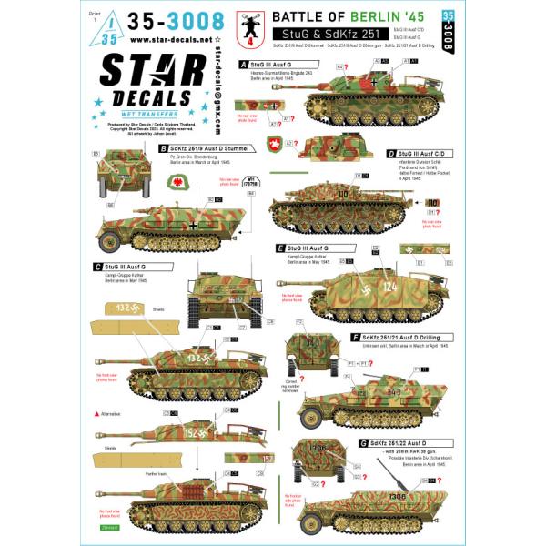 在庫状況：お取り寄せ/2026年03月 発売/※画像はイメージです。実際の商品とは異なる場合がございます。STAR DECALS 1/35 WWII ドイツ ベルリンの戦い'45#4 ベルリン郊外の突撃砲とSd.Kfz.251 です。