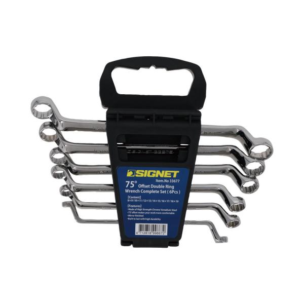 在庫状況：お取り寄せ/3日〜5日で出荷/※パイプ等で延長して使用しないでください。※ホルダー単品の供給はございません。◆8〜19mmを補完できる6本セット(ホルダー付き)◆ミラー仕上げのメッキが美しい75°オフセットメガネレンチ◆コンパクト...