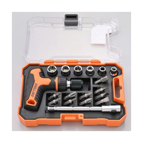 在庫状況：お取り寄せ/お届け：1〜2週間/◆手のひらサイズのミニラチェットTハンドル、6サイズの六角ソケット、9種類のビットなどを組み合わせたツールセット◆エクステンションバーも付属するので奥まった場所の作業も可能/[61361デイトナ]