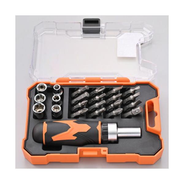 在庫状況：お取り寄せ/お届け：1〜2週間/◆1/4インチビット用のラチェットドライバー、6サイズの六角ソケット、21種類のビットなどを組み合わせたツールセット◆ビットはマイナス、プラスに加え、トルクス・六角・PZビットまで含まれる◆バイク整...