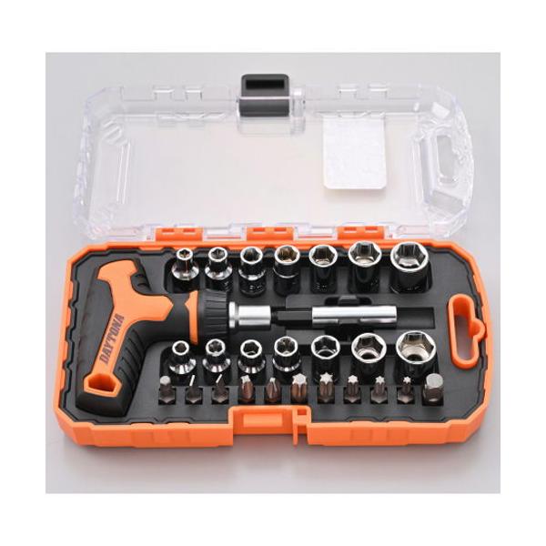 在庫状況：お取り寄せ/お届け：1〜2週間/◆手のひらサイズのミニラチェットTハンドル、六角ソケット、10種類のビットなどを組み合わせたツールセット◆六角ソケットは、ミリサイズ、インチサイズ各7種類の複合セット◆磁気付きエクステンションバーも...