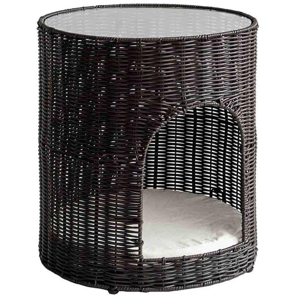 在庫状況：お取り寄せ/7日〜10日で出荷/◆サイドテーブルとしても使える樹脂製ラタンの猫ちぐら『Pienet(ピエネ)』。◆透明なガラス天板は、上から中に居る猫ちゃんの様子を確認することができます。・組立：完成品(ガラス天板のみ取り付け)/...