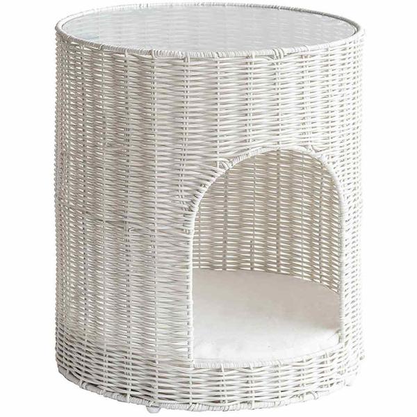 在庫状況：お取り寄せ/7日〜10日で出荷/◆サイドテーブルとしても使える樹脂製ラタンの猫ちぐら『Pienet(ピエネ)』。◆透明なガラス天板は、上から中に居る猫ちゃんの様子を確認することができます。・組立：完成品(ガラス天板のみ取り付け)/...