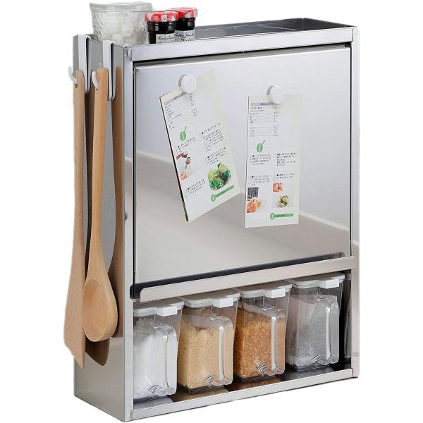 在庫状況：お取り寄せ/※調味料ポット以外の小物は付属しません。◆フルオープンで固定され、片手でもスムーズに取り出せるフラップ式扉を採用。◆奥行は約15cmでとってもスリム!広々とした作業スペースを確保できます。◆フチ付き天板を採用し、ラック...