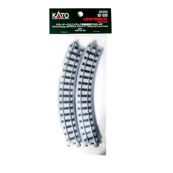 在庫状況：お取り寄せ/3日〜6日で出荷/2024年05月 発売/※画像はイメージです。実際の商品とは異なる場合がございます。カトーのOO-9/HOナロー用線路、ナローゲージユニトラック曲線線路R183-45°(4本入)です。