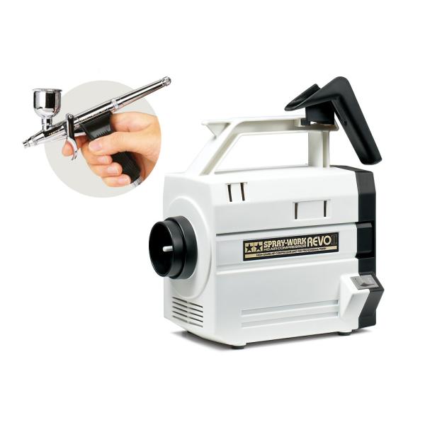 在庫状況：お取り寄せ/※画像はイメージです。実際の商品とは異なる場合がございます。タミヤ スプレーワーク HGコンプレッサーレボII(HGトリガーエアーブラシ付き) です。