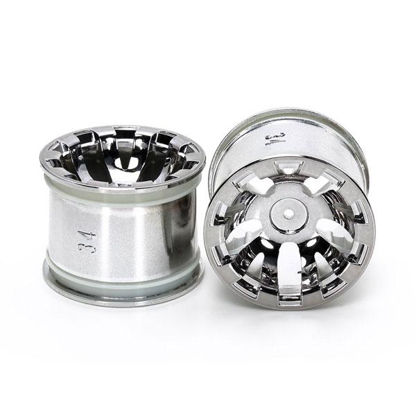 在庫状況：在庫僅少/2018年11月 発売/※画像はイメージです。実際の商品とは異なる場合がございます。タミヤ OP.1833 T3-01 リヤワイドピンスパイクタイヤ用クロームメッキホイール2本です。