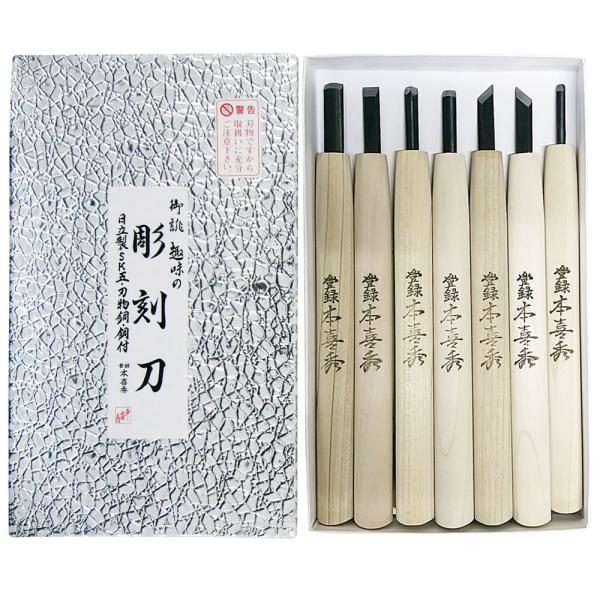 在庫状況：お取り寄せ/お届け：約1週間/◆木材、竹の彫刻などの細工、プラスチックの細工に。◆美術図工、教師用、趣味の版画、年賀状彫り、木彫りなどに。・セット内容：印刀7.5mm、平刀7.5mm、三角刀4.5mm、丸刀3.0mm、丸刀6.0m...