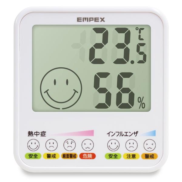 在庫状況：お取り寄せ/お届け：約4週間◆フェイスアイコンが表情で熱中症、季節性インフルエンザ注意をお知らせ『おうちルーム温湿度計プレミアム』/[TD8448]