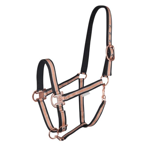 ピンクゴールドの金具とテープラインがキュートな無口。馬の毛色にあわせて選べる、ブラックベースとホワイトベースの2カラー展開。■ブランドWALDHAUSEN（ヴァルドハウゼン）分類タグ:  【各種馬具】  【無口・曳手】  【WALDHAUS...