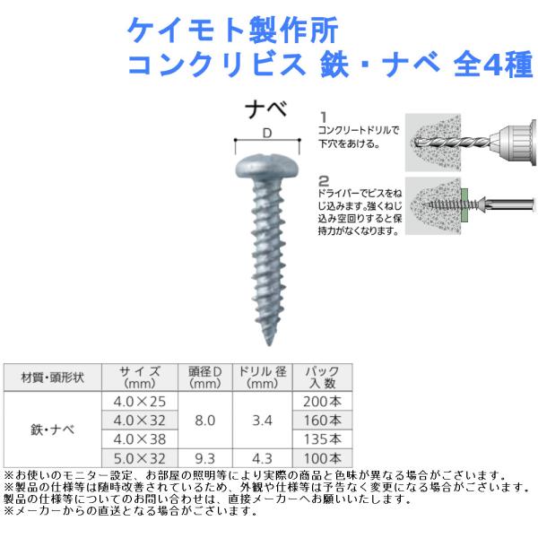 【ケイモト製作所 コンクリビス】■経済的で優れた保持力を持つ木工用ビス。■コンクリートに下穴をあけて直接ねじ込みます。■使用例：インターホン、タオル掛、ペーパーホルダー。※サイズにより料金が異なります。材質・頭形状：鉄・ナベサイズ：4.0×...