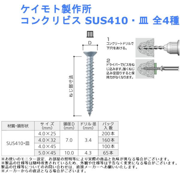 【ケイモト製作所 コンクリビス】■経済的で優れた保持力を持つ木工用ビス。■コンクリートに下穴をあけて直接ねじ込みます。■使用例：インターホン、タオル掛、ペーパーホルダー。※サイズにより料金が異なります。材質・頭形状：SUS410・皿サイズ：...