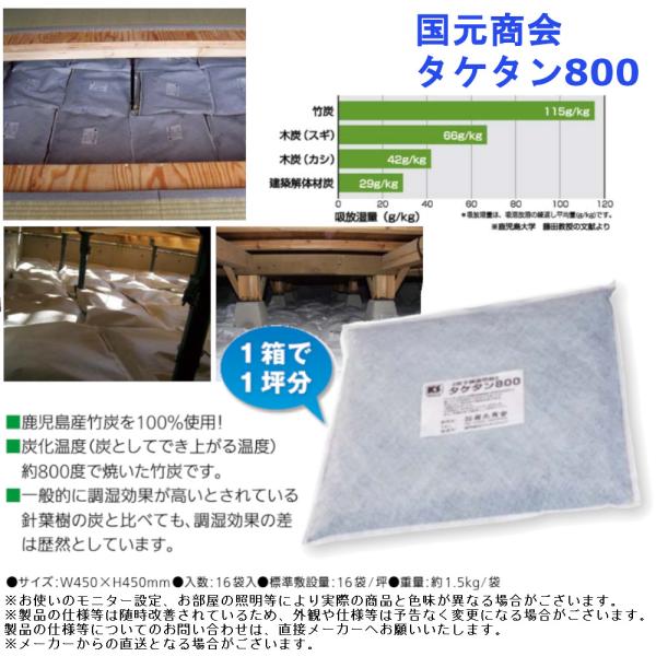【国元商会 タケタン800】■床下の結露防止に！ 木炭の3倍の調湿効果がある床下調湿竹炭。■鹿児島産竹炭を100％使用！■炭化温度(炭としてでき上がる温度)約800度で焼いた竹炭です。■一般的に調湿効果が高いとされている針葉樹の炭と比べても...