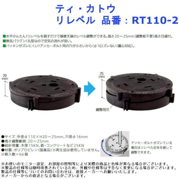 【ティ・カトウ リレベル】■レベル調整ができる画期的な土台用パッキン。■水平かんたん！リレベルを廻すだけで基礎天端のレベル調整ができる。高さ20〜25mm(調整板不要)高さ目盛付。■換気バツグン！丸型なので空気の流れが良い。■パッキンがズレ...
