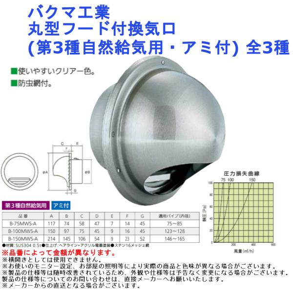 【バクマ工業 丸型フード付換気口(第3種自然給気用・アミ付)】■ベーシックな丸型フード換気口。■使いやすいクリアー色。■防虫網付。品番：B-75MVS-A、B-100MVS-A、B-150MVS-A ※品番によって金額が異なります。サイズ詳...