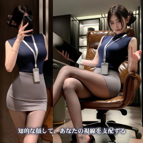 ●知的な雰囲気と大胆さを両立したデザイン｜タイトなハイネックトップスと美ラインを強調するミニスカートの組み合わせで、女教師風の上品さと大人の色気を演出する一着。フロントはシンプルで清楚な印象ながら、ボディラインを際立たせるシルエット設計によ...