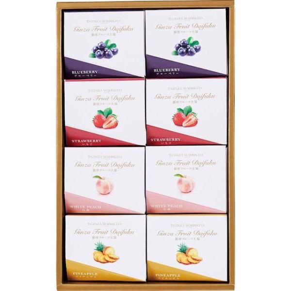 ★優しい甘みのクリームとふわふわのお餅で果物を包みました。フルーツとクリームのとろける食感をお楽しみください。●商品：いちご、白桃、ブルーベリー、パイナップル各2個/計8個・【乳成分】・日本製●賞味期限：冷凍30日間●箱：340×210×5...