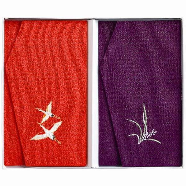京都の丹後地方で織られたちりめん生地に細やかな刺繍をあしらった金封袱紗。2枚セットご家庭に一つ持っていると重宝する慶事用・弔事用のセットです。京都の丹後地方で織られた風合の良いちりめん生地に二羽鶴と蘭の細やかな刺繍をあしらった金封袱紗（ふく...