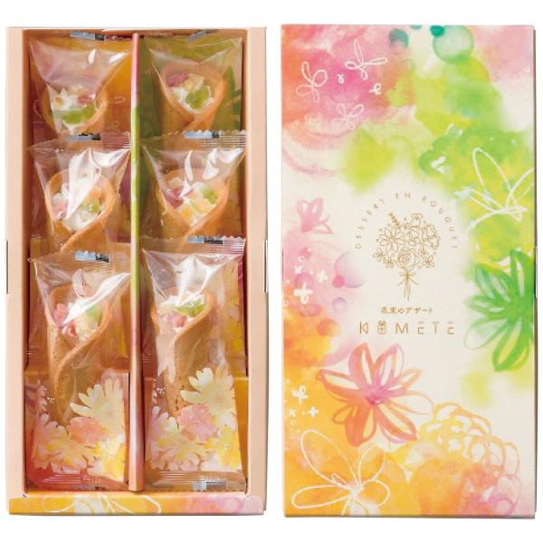 　★　花束のデザート6個入/7246-013・丁寧に手作業で丸めたせんべい生地に 、・バニラクリームを入れ、3種のドライフルーツをトッピング。・花束をイメージしたかわいいスイーツです。■箱サイズ　10.5×20.2×5.2cm・60サイズ・...