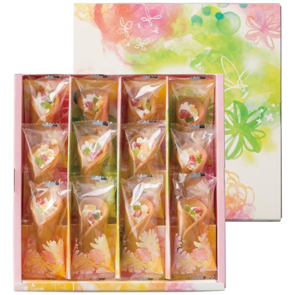 　★花束のデザート12個入・7246-025・丁寧に手作業で丸めたせんべい生地に 、・バニラクリームを入れ、3種のドライフルーツをトッピング。・花束をイメージしたかわいいスイーツです。■箱サイズ　19.5×20.2×5.2cm・60サイズ・...