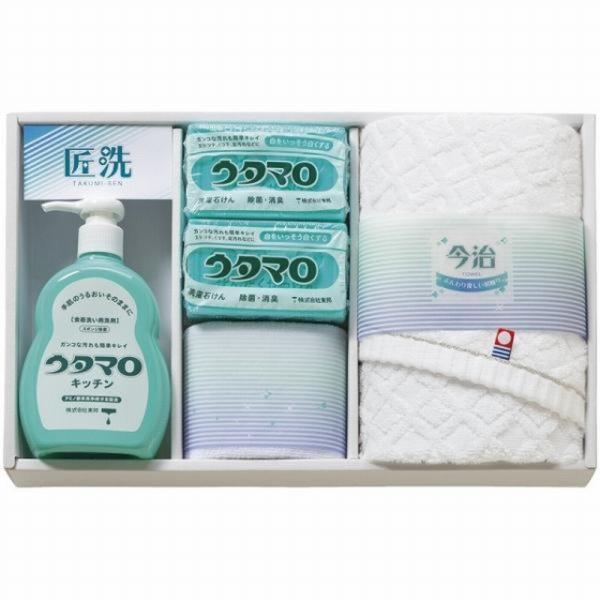 ★　 ウタマロ石鹸 キッチン洗剤ギフト 今治フェイスタオル キッチン用洗剤　　　　台所用合成洗剤  UTA-255A　C7227-055主洗浄成分は、手肌と環境にやさしいアミノ酸系洗浄成分。ギトギト油はスッキリ落としても、手肌のうるおいはし...