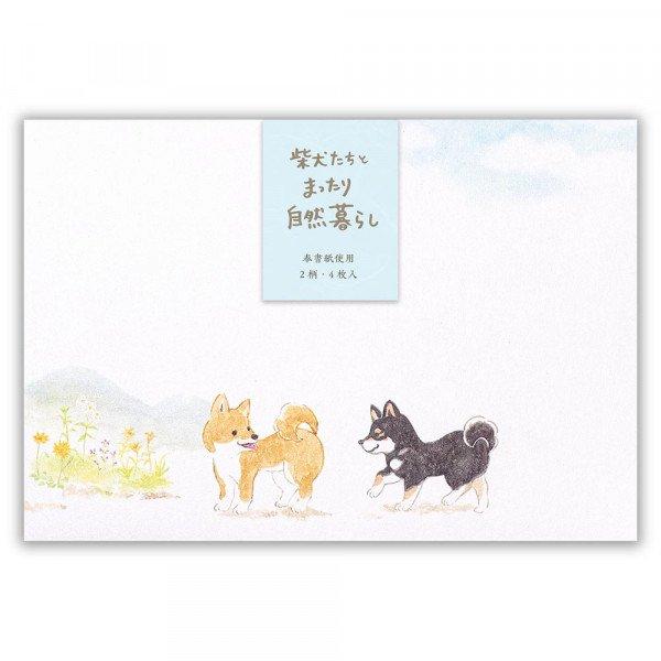 【メール便可能】柴犬の封筒です。わんころび（柴犬）で、野山や小川、採れたての野菜など自然の中で柴犬たちとのびのび暮らす様子を描いたデザインです。2柄アソートで、表面と裏面で柴犬をたくさん楽しめます！ニコニコした柴犬がかわいい♪和紙の風合いも...