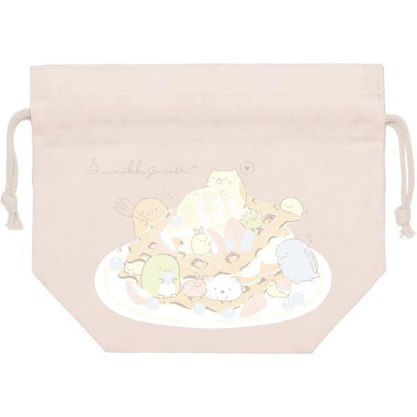 【メール便可能】すみっコぐらしのランチ巾着です☆かわいいスイーツとすみっコたちが大人っぽくオシャレなデザインです♪大きいサイズのランチボックスに対応しています。Ｗ紐タイプなので上でぎゅっと絞れます。お弁当箱やお箸、おにぎり、果物やスイーツ、...
