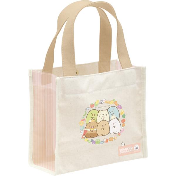 【メール便可能】すみっコぐらしのミニトートバッグです☆ある日、馬車がとんかつをむかえにやってきました。すみっコたちがたどり着いたのは、のこりものたちがいつかたべてもらえることを夢みてあつまる「たべものおうこく」！「ようこそ！たべものおうこく...