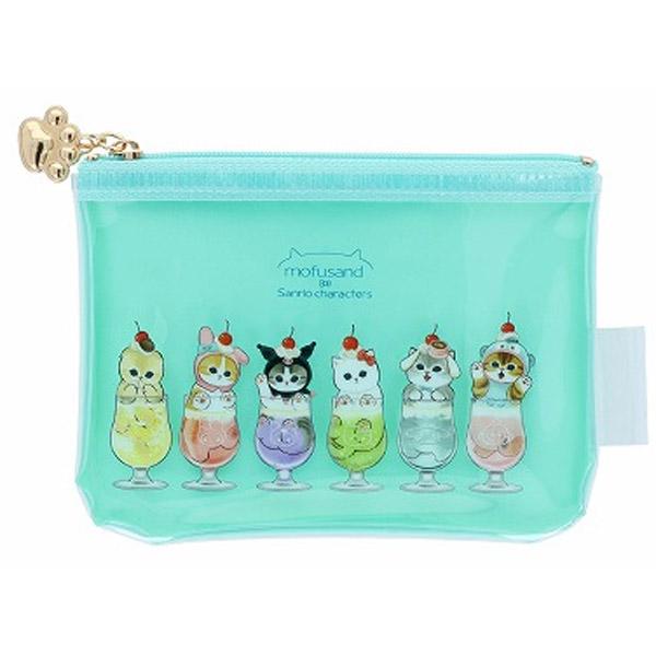 【メール便可能】mofusand×サンリオキャラクターズのミニポーチです。最強にかわいいコラボです！コンパクトで持ち運びしやすいポーチ♪ファスナーの引手には肉球のチャーム付！キュートなグラスのクリームソーダにゃんなソーダ柄♪フラットなのでバ...