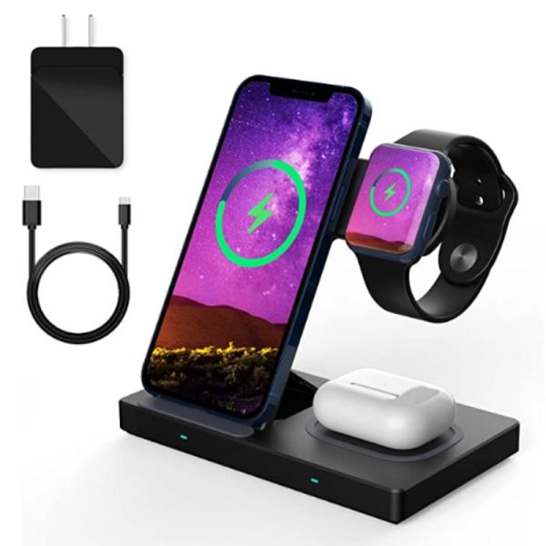 3 in 1ワイヤレス充電器 apple watch充電器 置くだけ充電スタンド iphone 充電器 15W10W7.5W 最大15W出力 USB Type-Cポート折り畳み式 充電器 for iPhone 1413 Mini13 Pro...