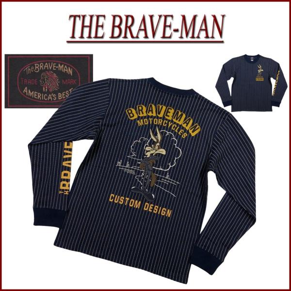 綿 100%新品未使用 【THE BRAVE-MAN × LOONEY TUNES】ザ・ブレイブマン × ワイリー・コヨーテ コラボ ロゴ 刺繍 プリント ウォバッシュ ストライプ ロンT 長袖 Tシャツです!1920-1940年代のアメリ...