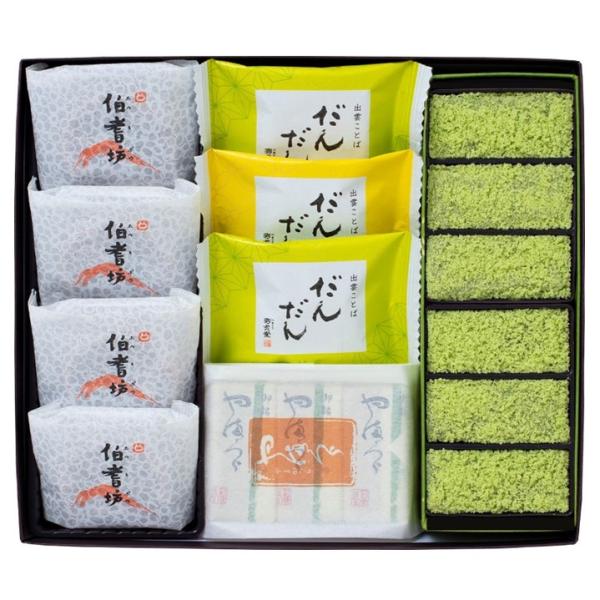 代表銘菓「若草」、小豆と求肥の「伯耆坊」、東雲羹、黒糖羊羹、そぼろ餡を重ねた「やまかつら」、柔らかい焼き饅頭「だんだん」の詰め合わせです。内容：若草6個入×1、伯耆坊×4、だんだん抹茶×2、だんだんチョコ×1、やまかつら3個入×1賞味期限：...