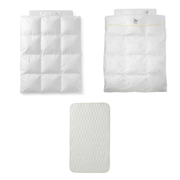 羽毛ふとんセット・ガーゼふとんカバーセット・防水パッドの3点セット。羽毛ふとんのセットは、一日の大半をおふとんで過ごす赤ちゃんに、大切な眠りをサポートします。ガーゼふとんカバーセットは、ミキハウスの肌着にも使用しているピュアベール加工(抗菌...