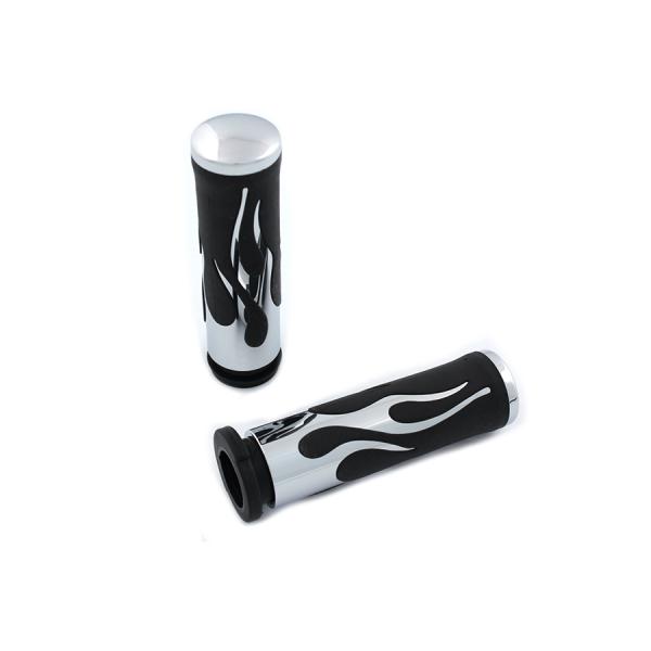 28-0454ホット ロッド フレーム スタイル グリップ セット Hot Rod Flame Style Grip Set ハーレー成形クッションラバー内袖と外見と快適さのためのクロームのフレーム外袖が特徴です。2個セットで販売されていま...