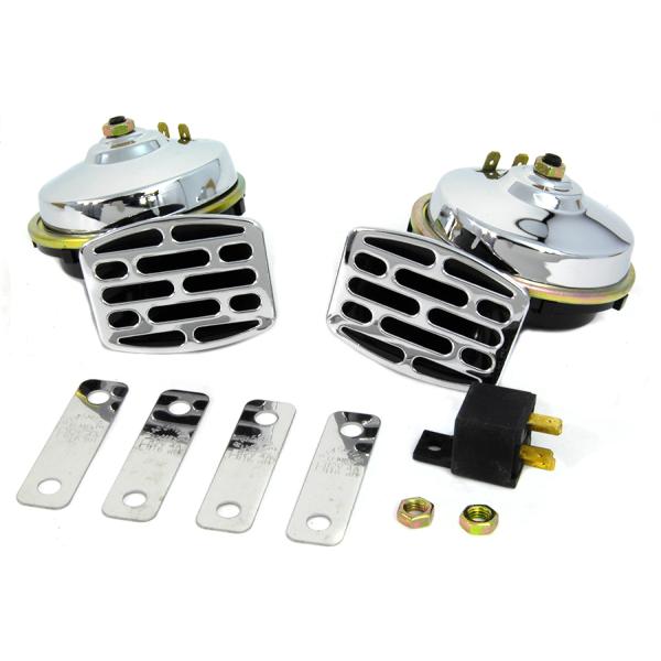 33-064812V ツイン ホーン クローム 2個入り 107デシベル リレー ブラケット ハードウェア 付属 Chrome 12 Volt Twin Horn Set ハーレーTwin horn set is 12 volt type ...