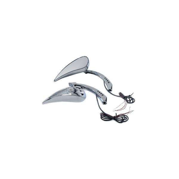 34-8220クローム ティアドロップ ミラー セット 前面 背面 LED ドリルド ビレット ステム 左右両用 Billet Tear Drop Mirror Set ハーレークロームビレットティアドロップミラーセットは、前面と背面にLE...