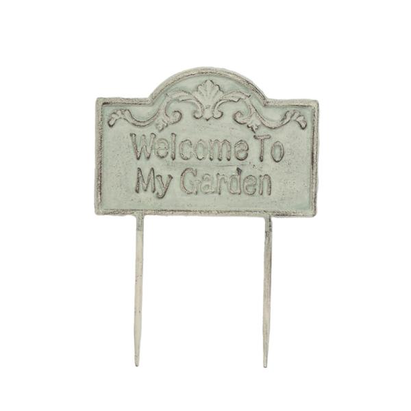 青サビ加工を施した鋳物製ガーデンピック。アイアンプレートの縁取りとロゴWelcome To My Gardenはエンボス(凸凹)加工でスティック状の脚はねじ込み式になっています。花壇入口の装飾に。サイズ：幅23.5×高さ32cm／差込部分1...