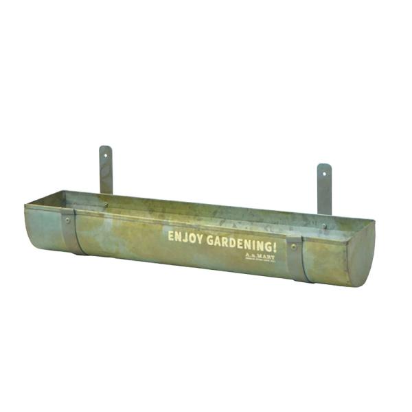雨樋を模ったブリキ壁掛けプランター。サイズ：幅40.5×奥行8.6×高さ12cm　材質：スチール　底穴あり(3ケ)アンティーク仕様宅配サイズ：M
