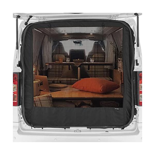 【汎用タイプのリアハッチ防虫ネット】サイズ：縦127cm x 横150cm；車の荷室が縦92-127cm以内、横107-150cmの以内の車にご使用いただけます。エブリイワゴン・ハイルーフタイプでピッタリサイズとなりますが、他の標準タイプも...