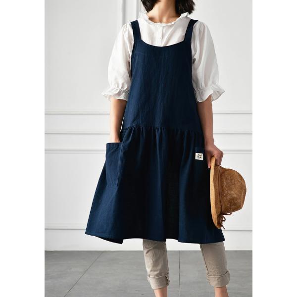 ドレスエプロン ワンピースエプロン カフェ ユニフォーム 花屋 リネン 綿 ポケット付き レディース シンプルエプロン バッククロス柔らかい風合いがおしゃれなリネンノースリーブエプロン優しい風合いのリネンに、肌触りの良いウォッシュドコットン...