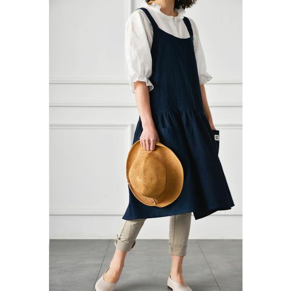 ドレスエプロン ワンピースエプロン カフェ ユニフォーム 花屋 リネン 綿 ポケット付き レディース シンプルエプロン バッククロス柔らかい風合いがおしゃれなリネンノースリーブエプロン優しい風合いのリネンに、肌触りの良いウォッシュドコットン...