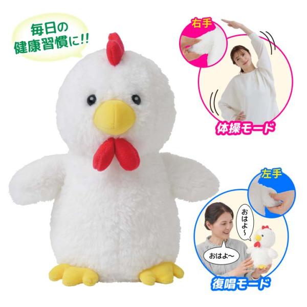 【商品名】体操コッコちゃん【材質】本体生地・中材：ポリエステル100％【サイズ(約)】19×21×高26cm【重量(約)】185g【電源】単4アルカリ乾電池×3(別売)【仕様】体操モード：ラジオ体操第一収録(約3分)復唱モード：最大約8秒3...