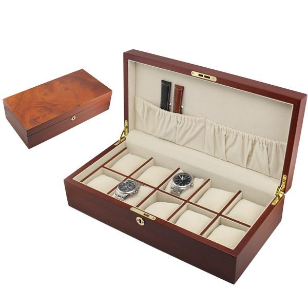 たくさんの時計をまとめて収納できる大容量のウォッチコレクションボックス（時計ケース）。コンパクトな10本収納タイプです。外装はエルム材（楡（ニレ）の木）を使用した美しい木目仕上げ。天然素材のため一つ一つ異なる模様が特徴です。表面は半ツヤのラ...